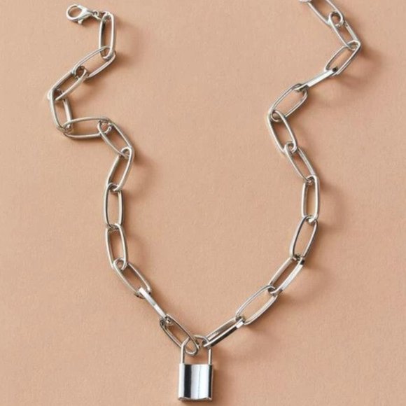 Jewelry | 33 Silver Color Link Chain Lock Charm Necklace | Poshmark